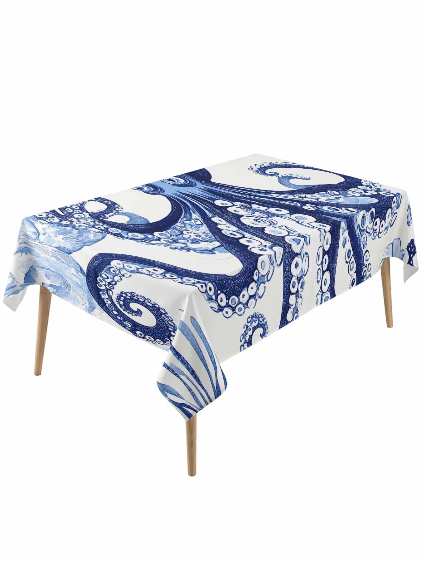 Navy Blue Octopus Coastal Table Cloth, Nautical Summer Beach Ocean ...
