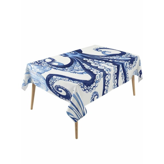 Navy Blue Octopus Coastal Table Cloth, Nautical Summer Beach Ocean ...