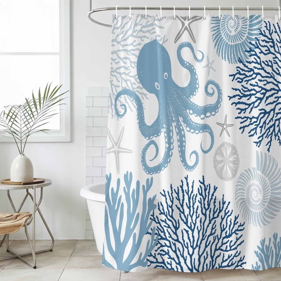 Navy Blue Octopus Coastal Waterproof Fabric Shower Curtain,Nautical ...