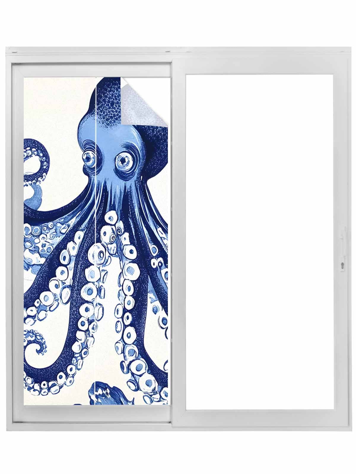 Navy Blue Octopus Coastal Window Privacy Film, Nautical Summer Beach ...