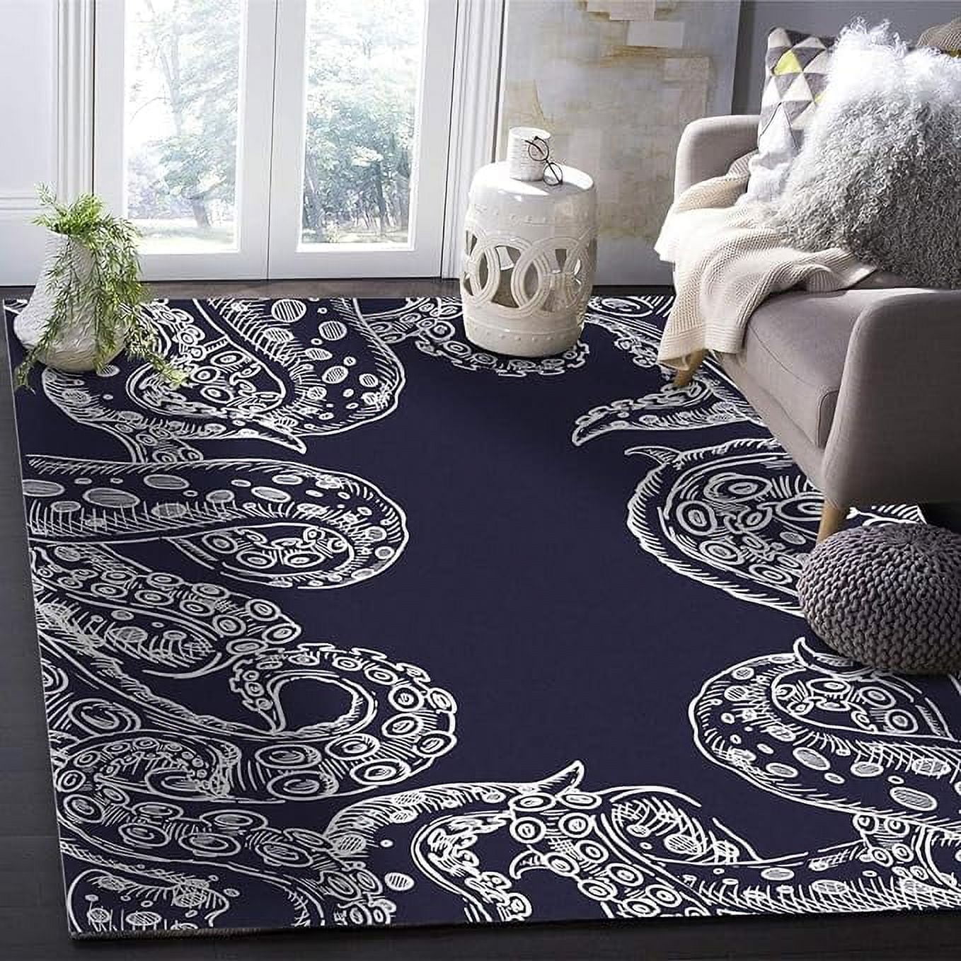 Navy Blue Octopus Tentacle Area Rug, Modern Deep Sea Monster Print ...