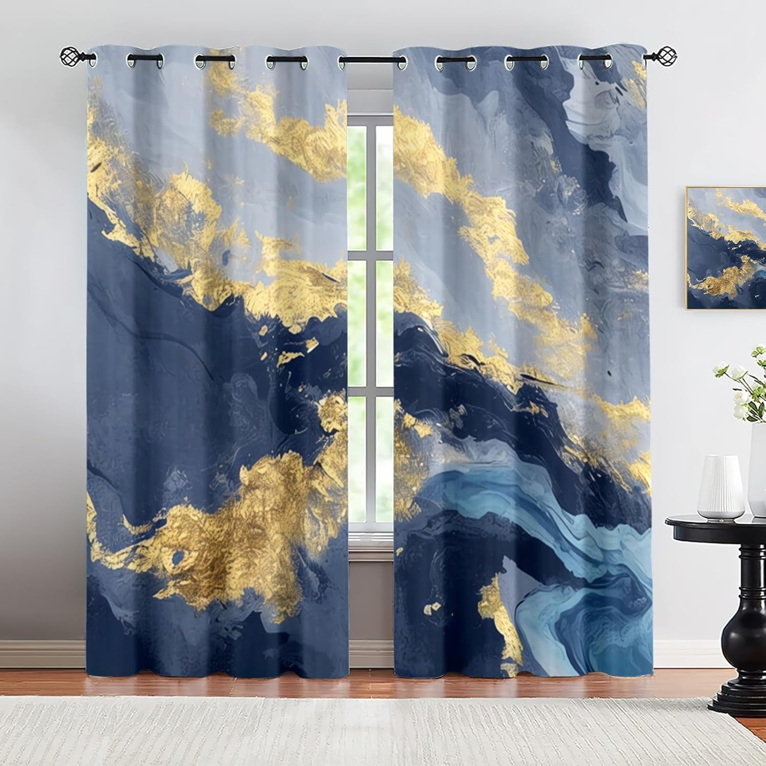 Navy Blue Oil Painting Texture 3D Printing Grommet Curtains, Modern ...