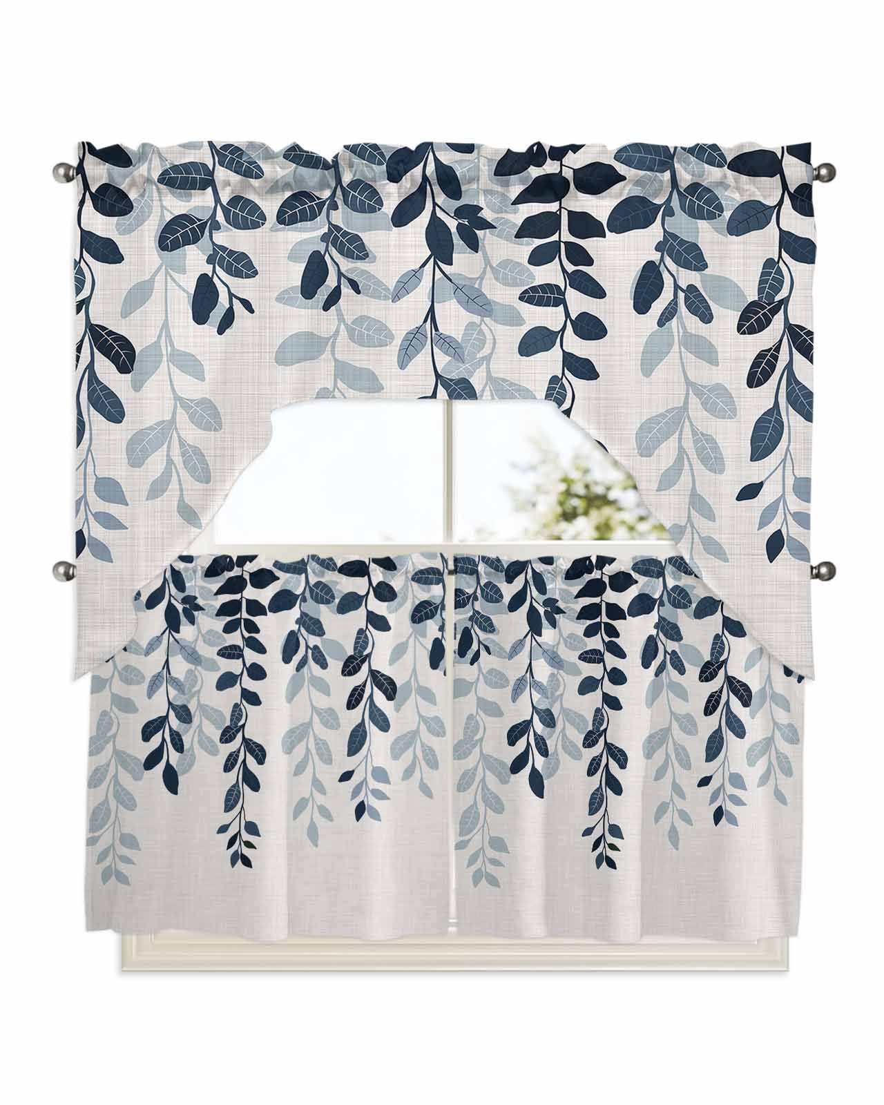 Navy Blue Ombre Botanical Kitchen Curtains Swag Valance and Tier ...