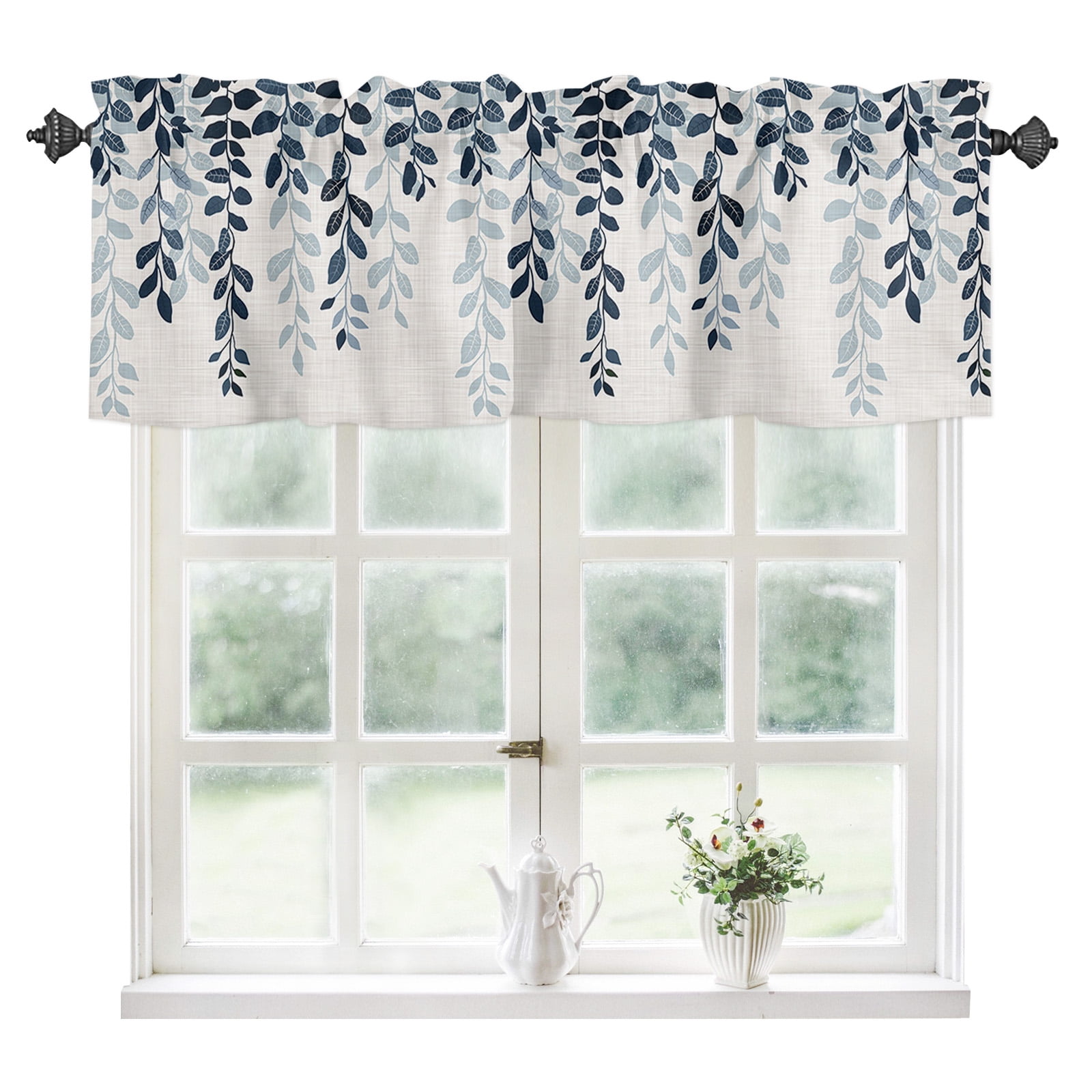 Navy Blue Ombre Botanical Kitchen Valances for Windows 42x12 Inch ...