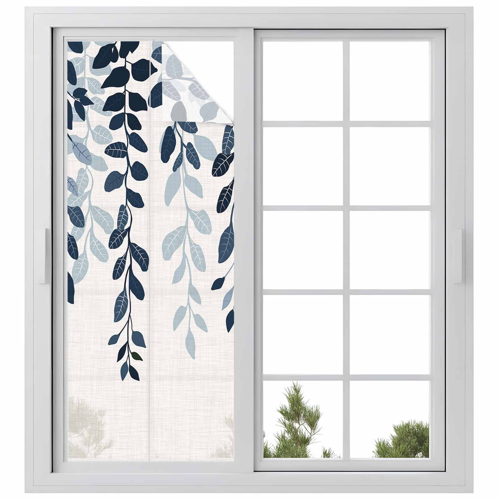 Navy Blue Ombre Botanical Window Privacy Film, Watercolor Pastoral Leaf ...