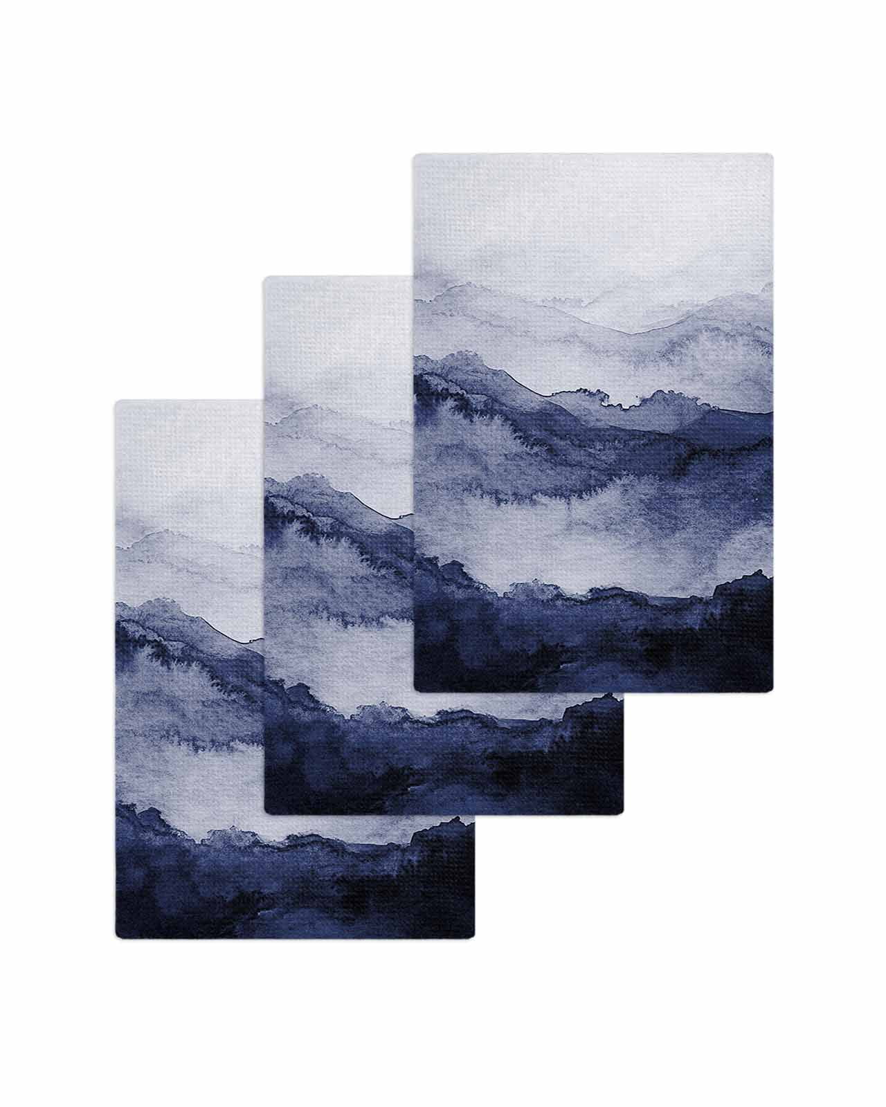 Navy Blue Ombre Mountain Kitchen Dish Towels for Drying Dishes Set of 3, Nature Abstract Art ...