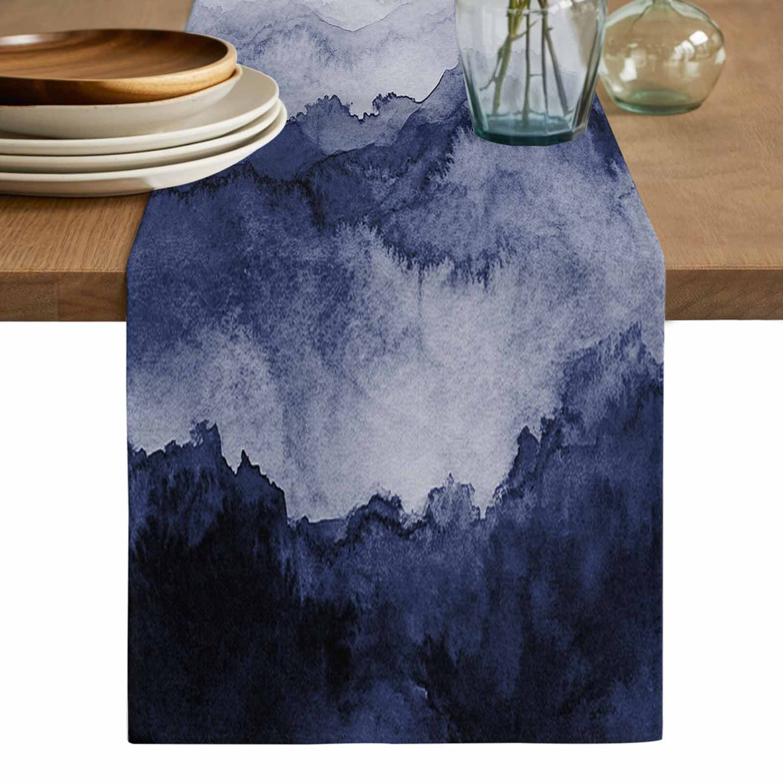 Navy Blue Ombre Mountain Table Runner, Nature Abstract Art Marble ...
