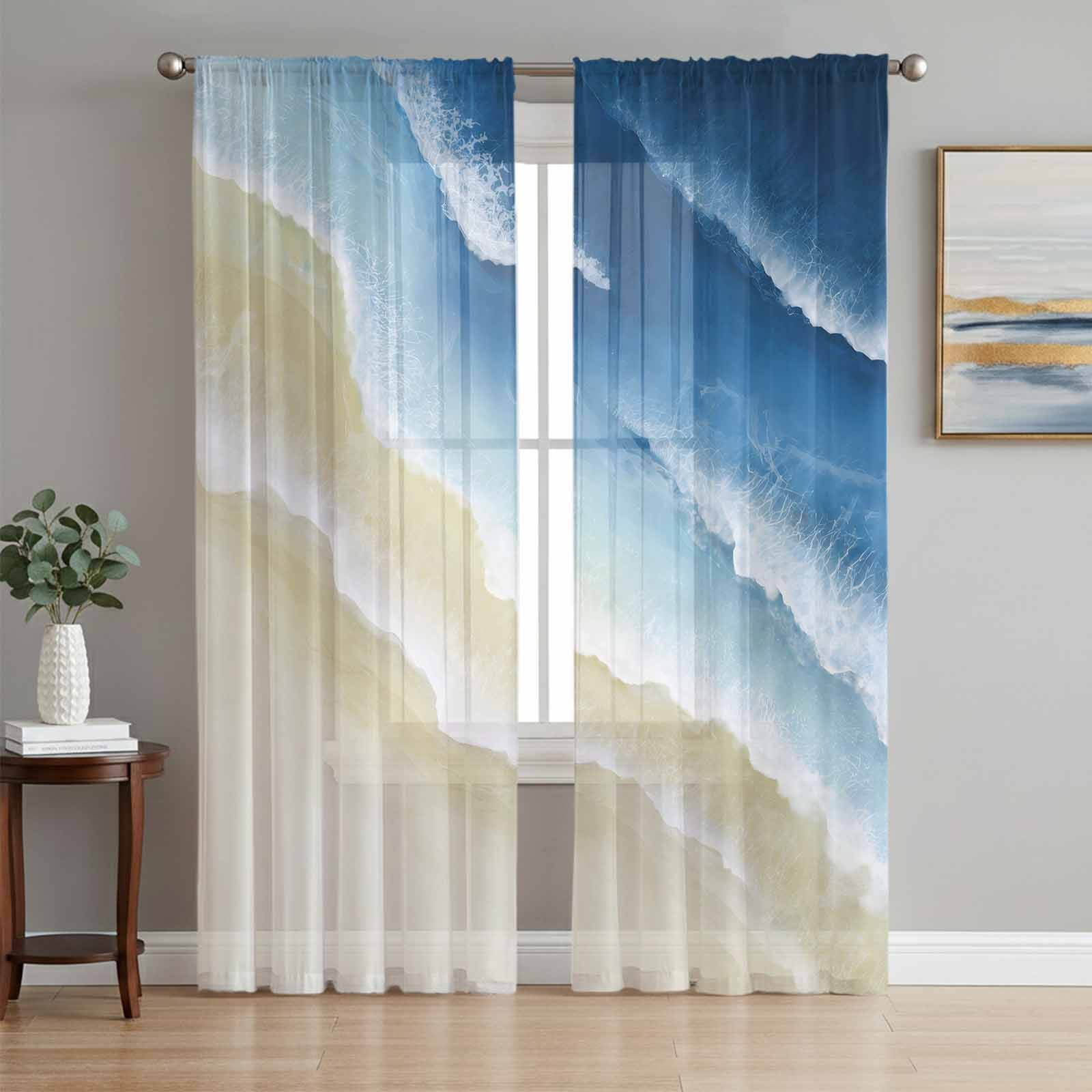 Navy Blue Ombre Ocean Sheer Curtains 63 Inch Length 2 Panels Set ...