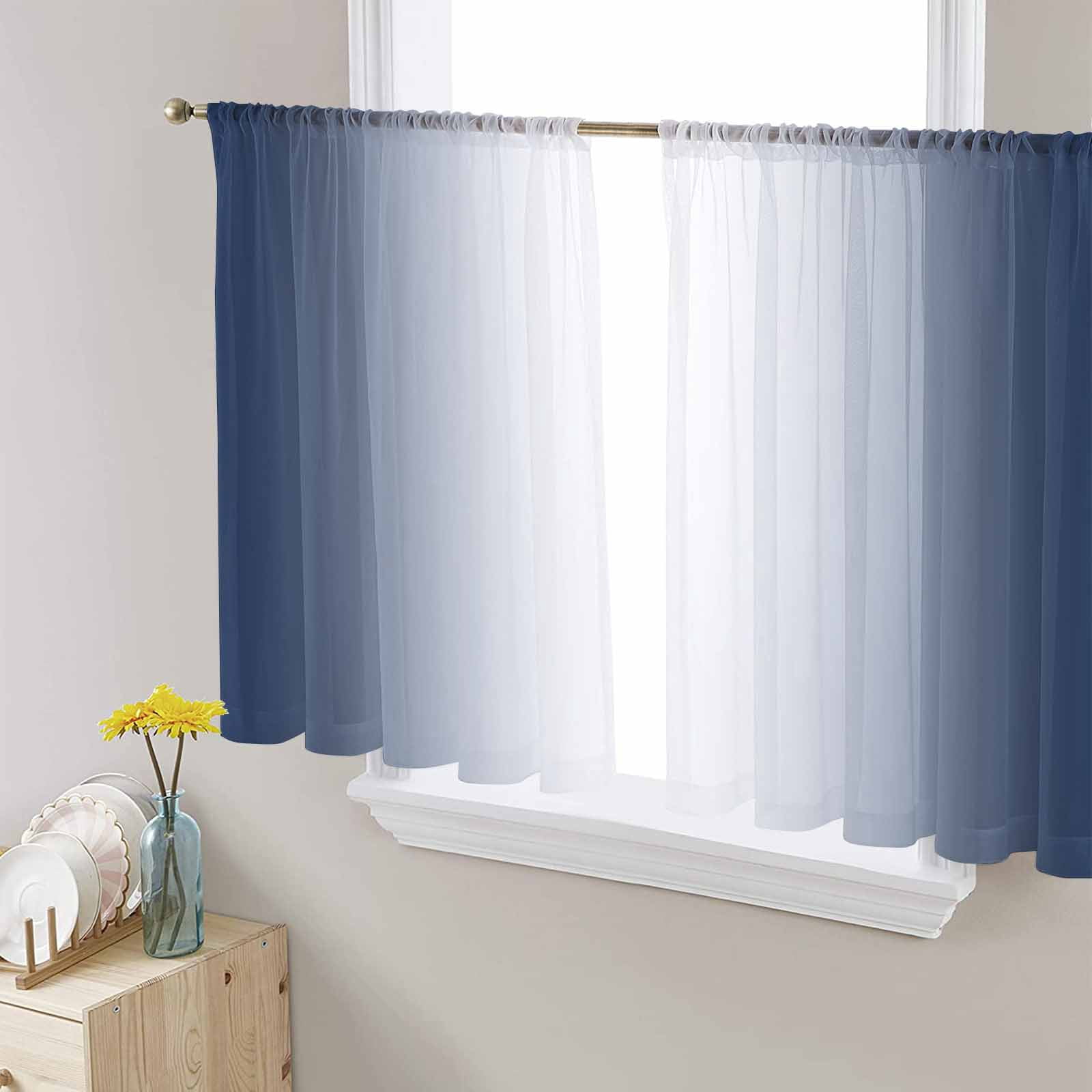 Navy Blue Ombre Semi Sheer Curtains 54 Inch Length 2 Panels Set, Blue ...