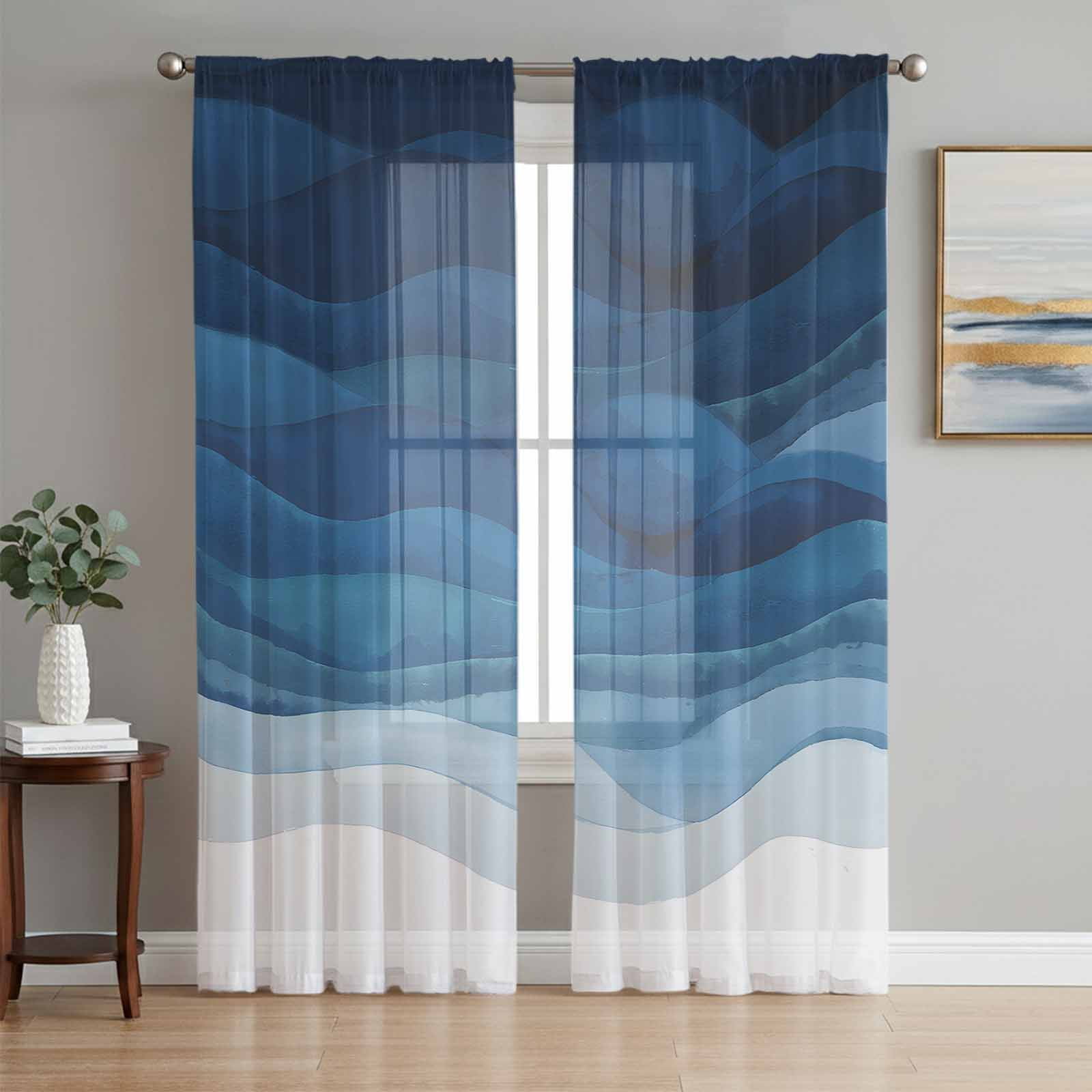 Navy Blue Ombre Semi Sheer Curtains 84 Inch Length 2 Panels Set, Modern ...