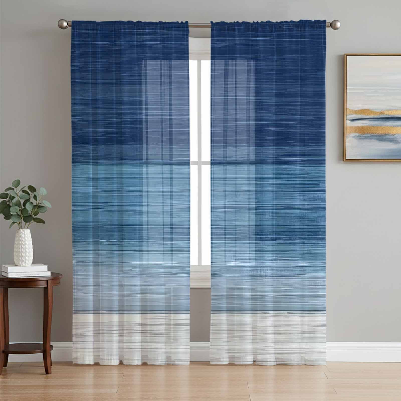 Navy Blue Ombre Semi Sheer Curtains 96 Inch Length 2 Panels Set, Modern ...