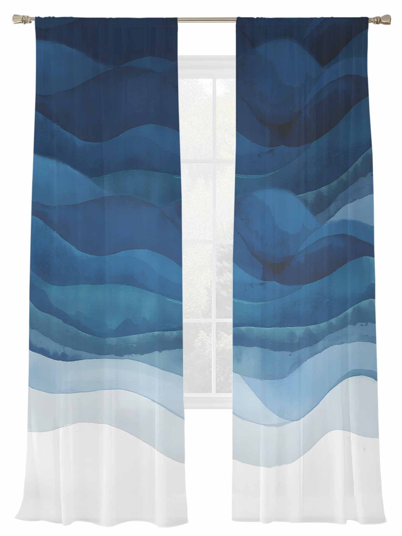 Navy Blue Ombre Sheer Curtains 108 Inch Length 2 Panels Set, Semi Transparent Voile Rod Pocket ...