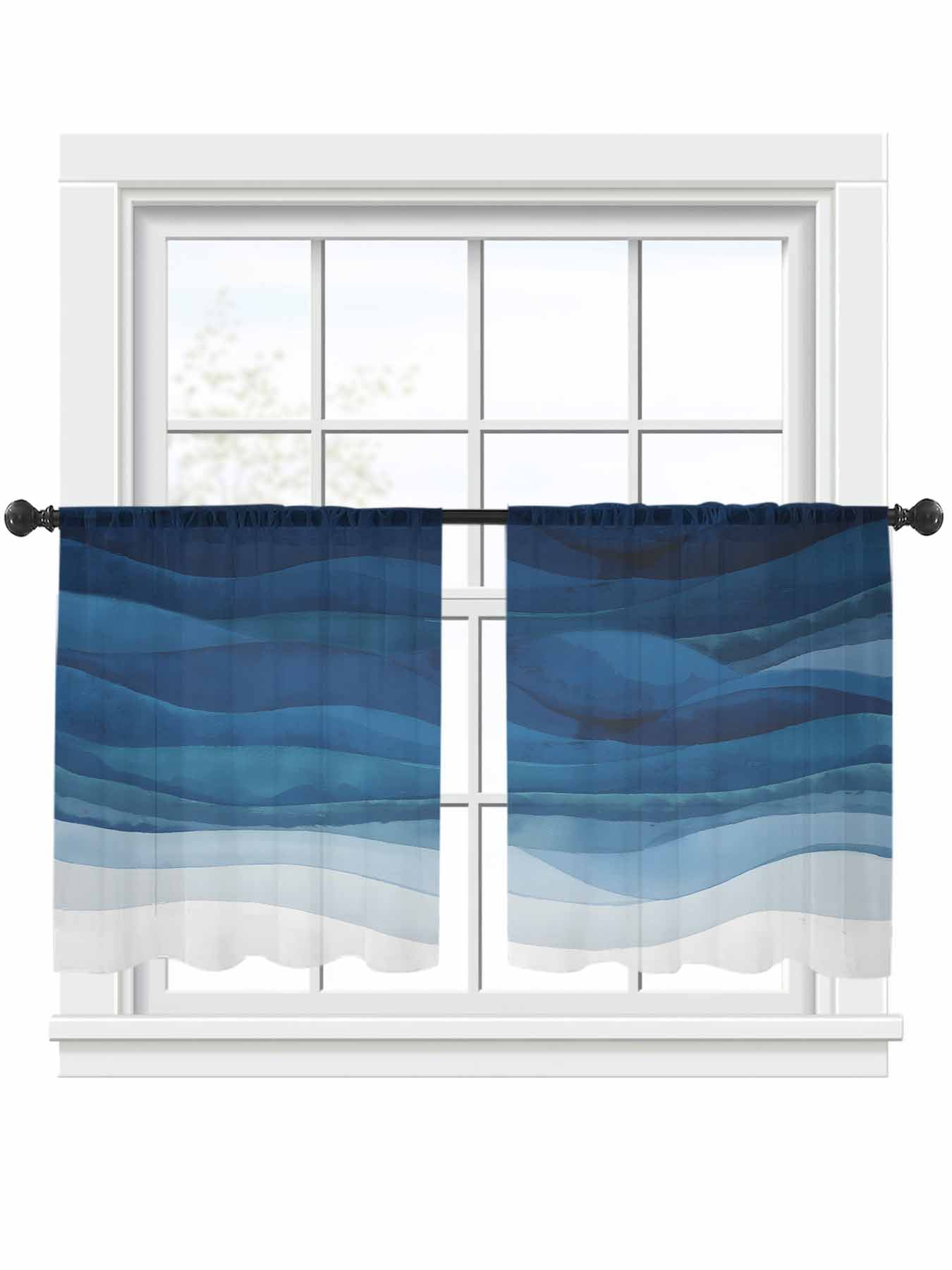 Navy Blue Ombre Sheer Curtains 54 Inch Length 2 Panels Set, Semi Transparent Voile Rod Pocket ...