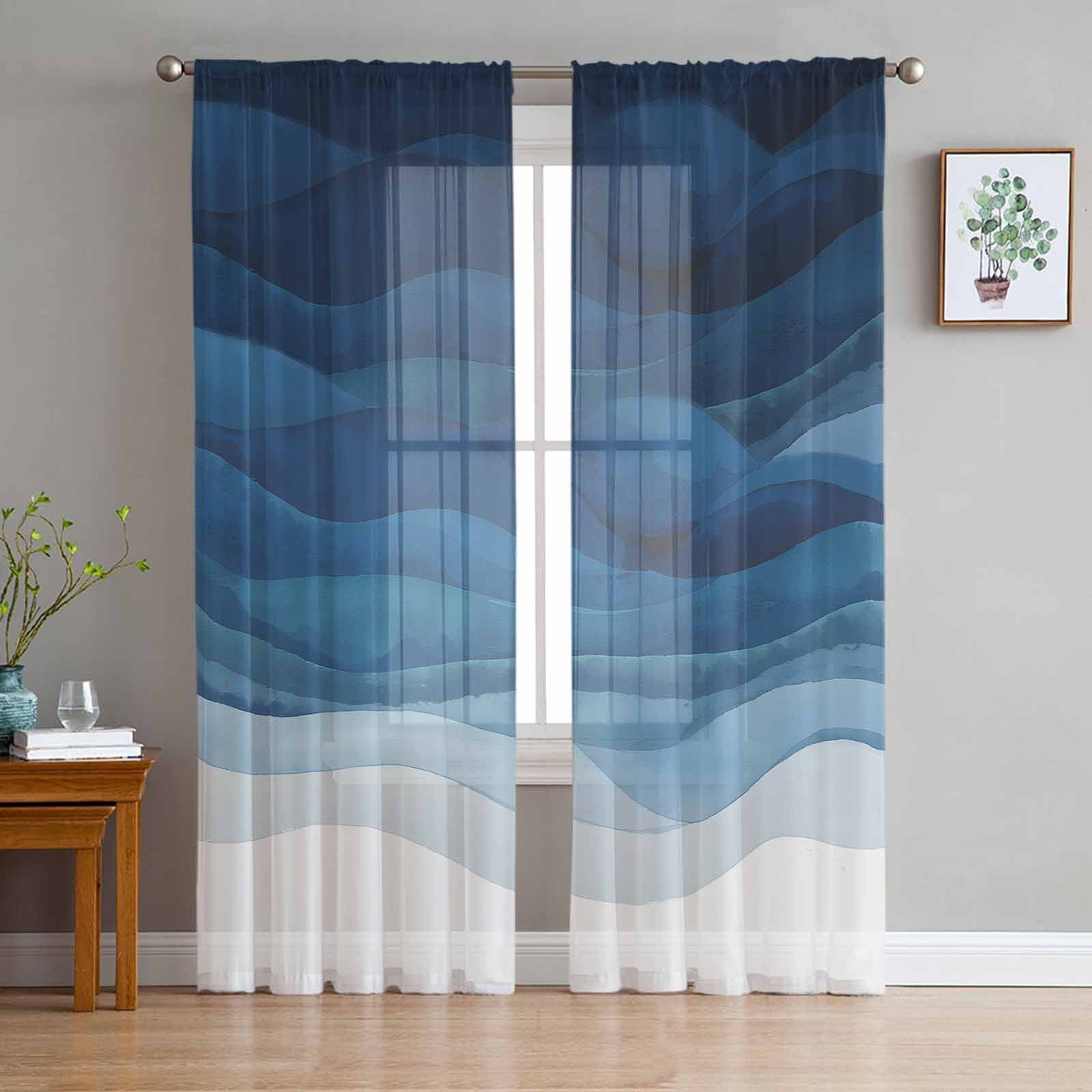 Navy Blue Ombre Sheer Curtains 63 Inches Length 2 Panels Set, Window ...
