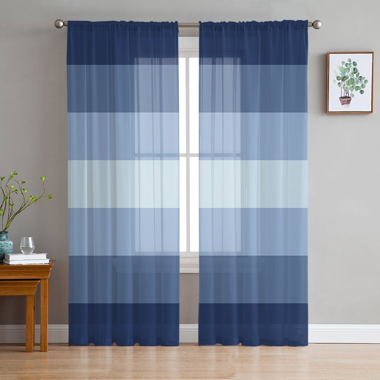 Navy Blue Ombre Sheer Curtains 96 Inch Length 2 Panels Set for Living ...
