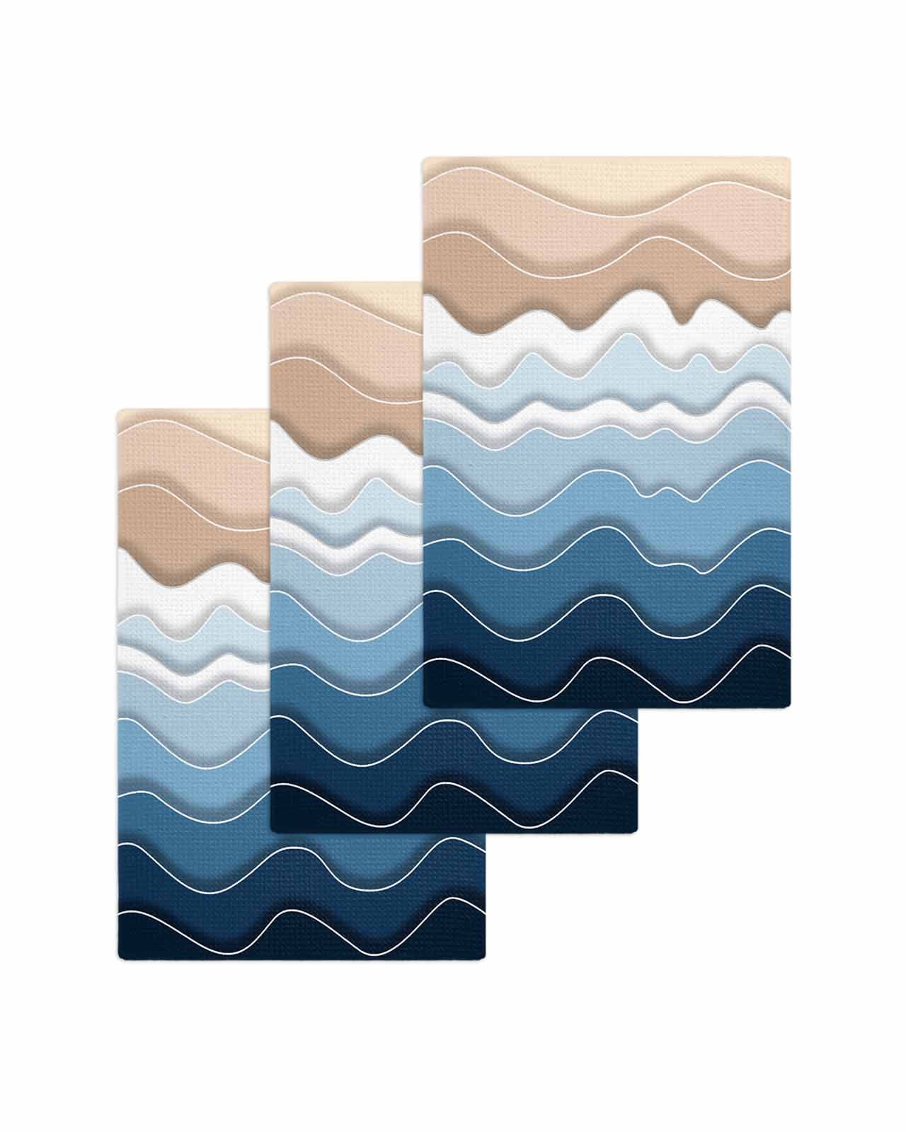 Navy Blue Ombre Stripe Kitchen Dish Towels for Drying Dishes Set of 3, Abstract Summer Beach ...