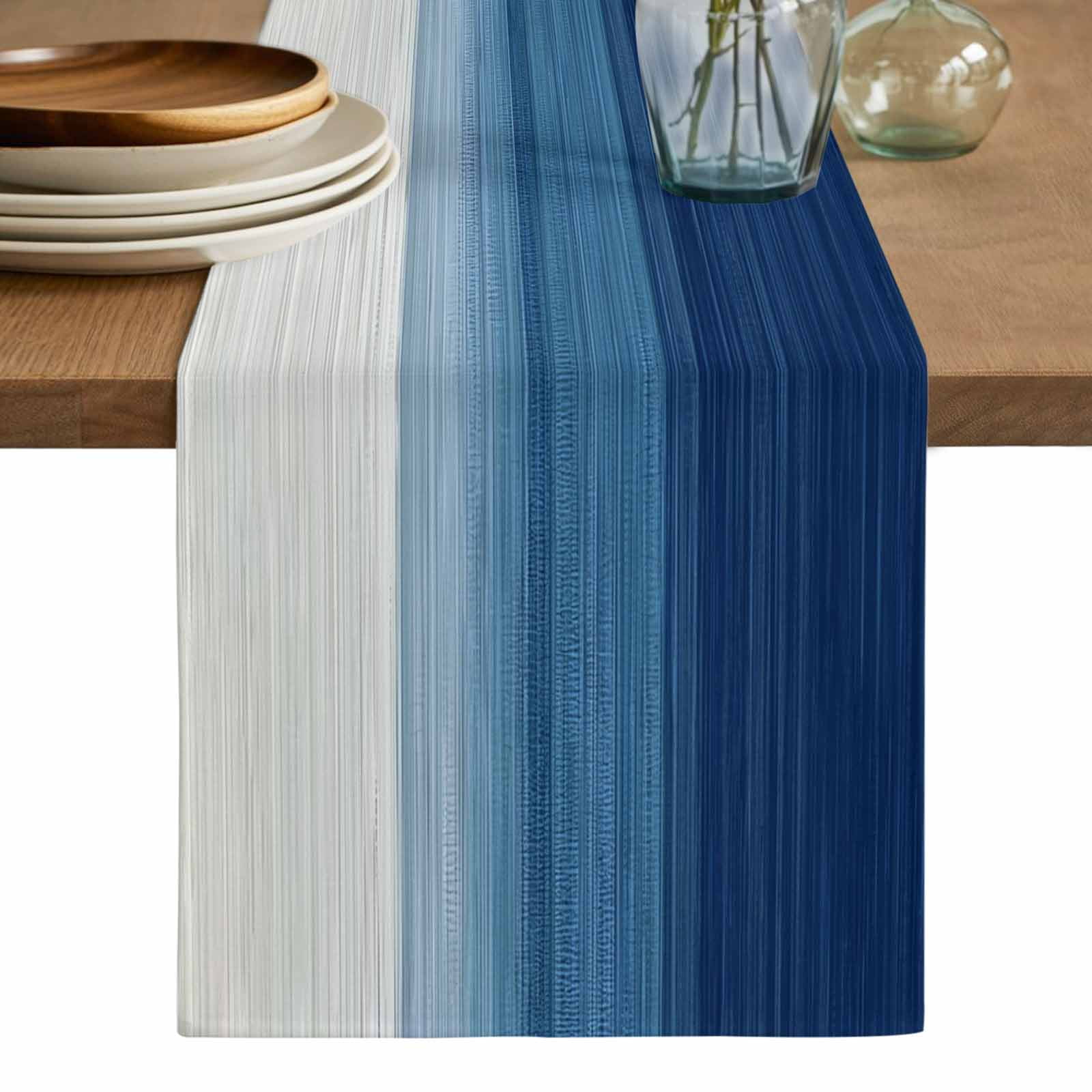Navy Blue Ombre Table Runner, Modern Abstract Art Blue White Striped ...