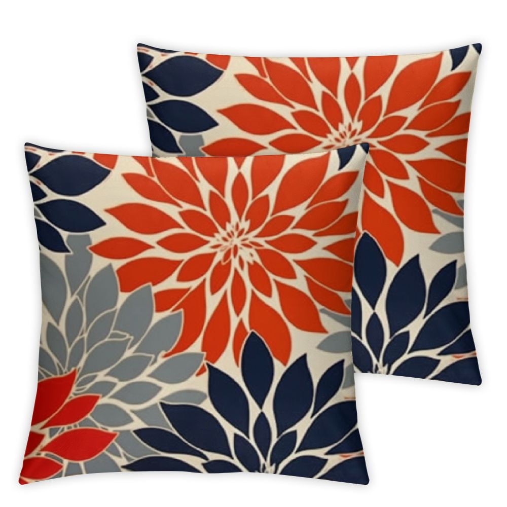 Navy Blue and Orange Grey Pillow Covers Summer Fall Dahlia Floral ...