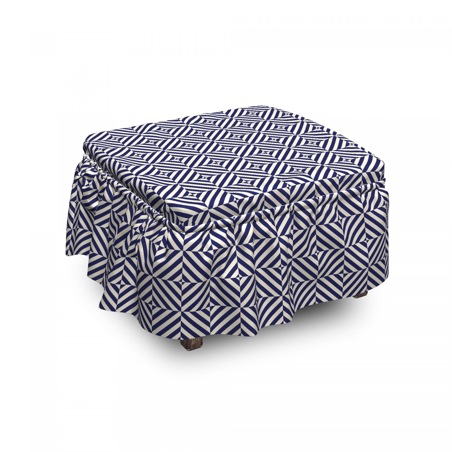 Navy Blue Ottoman Cover, Symmetrical Pattern, 2 Piece Slipcover Set ...