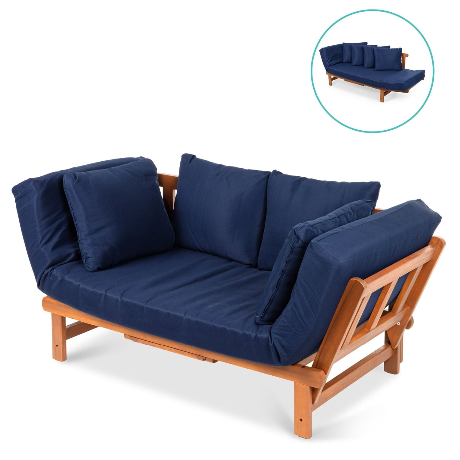 Navy Blue Outdoor Acacia Wood Convertible Sofa Futon with 4 Removable ...