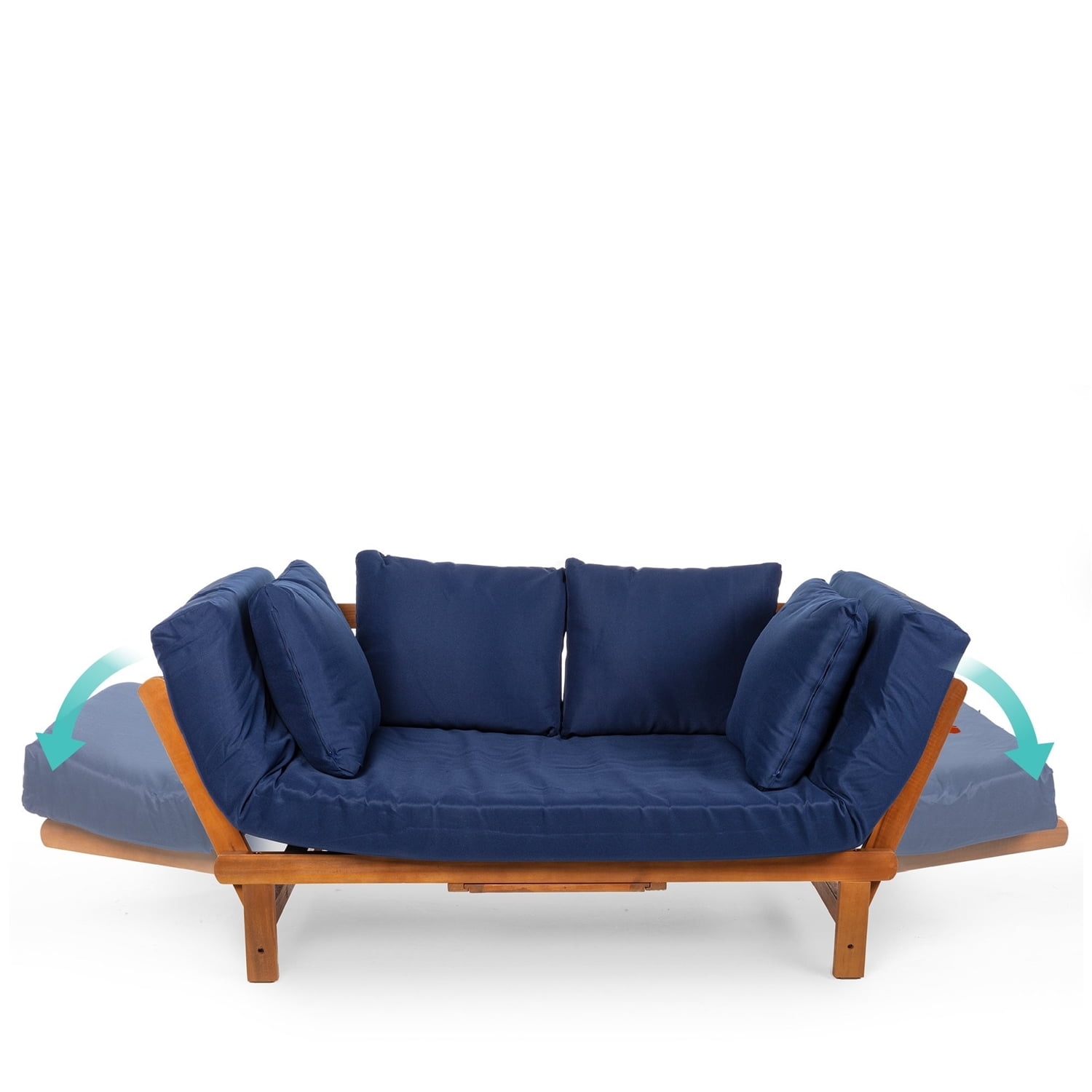 Navy Blue Outdoor Acacia Wood Convertible Sofa Futon with 4 Removable ...