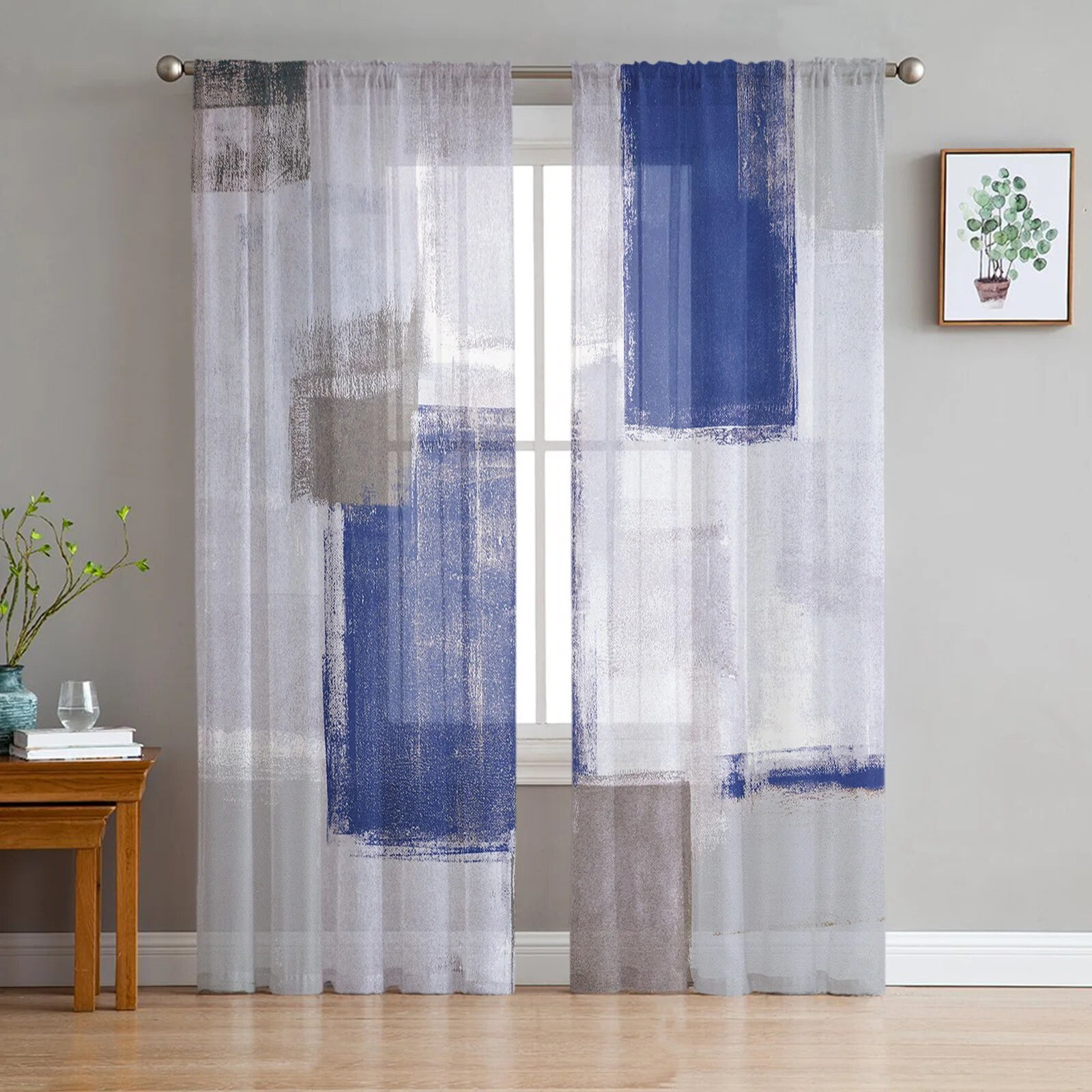 Navy Blue Paint Square Painting Tulle Voile Curtains For Bedroom Window ...