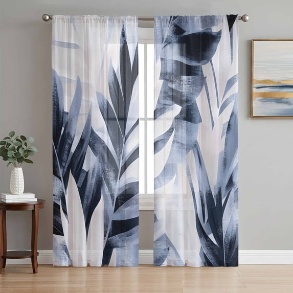 Navy Blue Palm Leaf Sheer Curtains 96 Inch Length 2 Panels Set ...