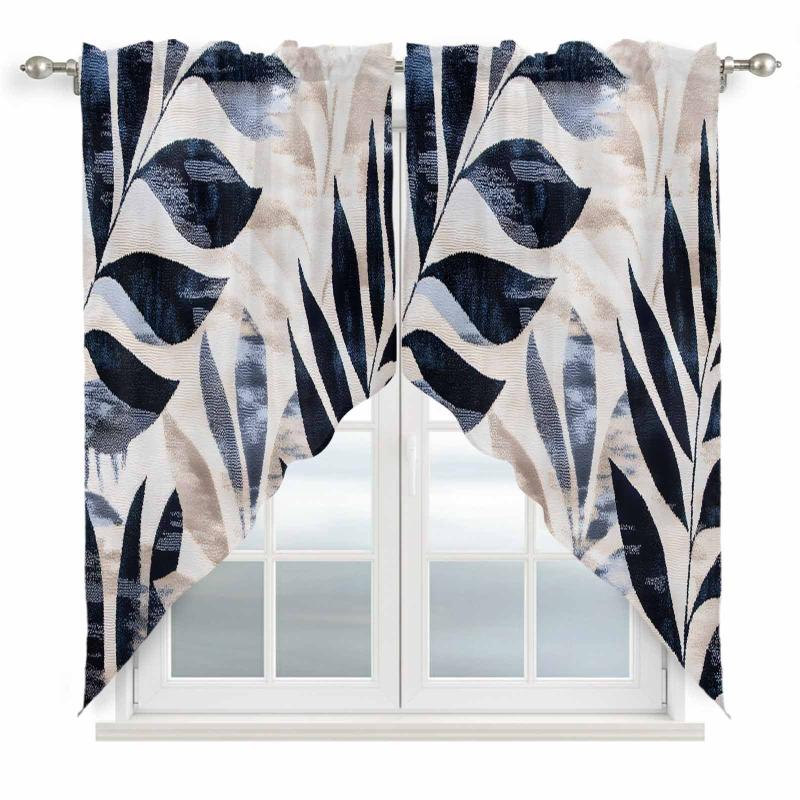 Navy Blue Palm Leaf Swag Curtains Vintage Botanical Tropical Leaves ...