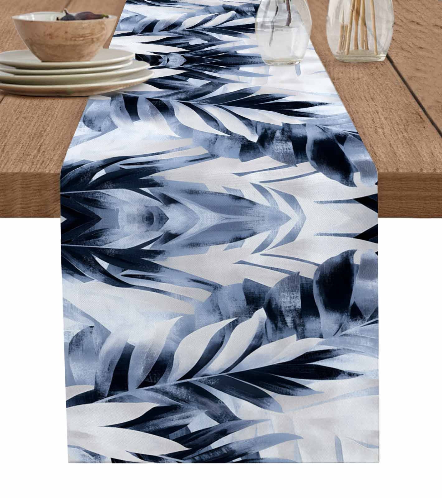 Navy Blue Palm Leaf Table Runner 72 Inches, Botanical Vintage Tropical ...