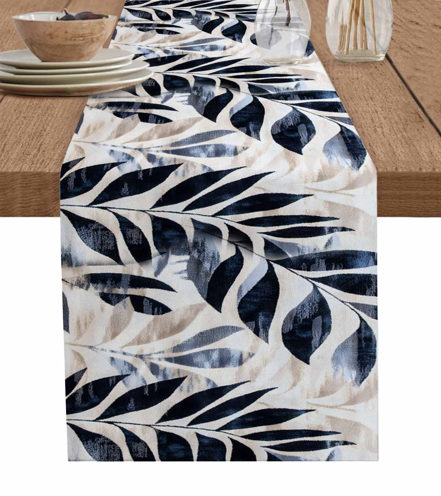 Navy Blue Palm Leaf Table Runner 90 Inches, Vintage Botanical Tropical ...