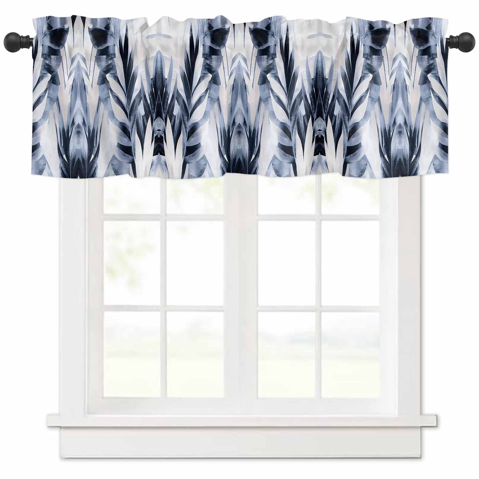Navy Blue Palm Leaf Valances for Windows Farmhouse Kitchen Curtains ...