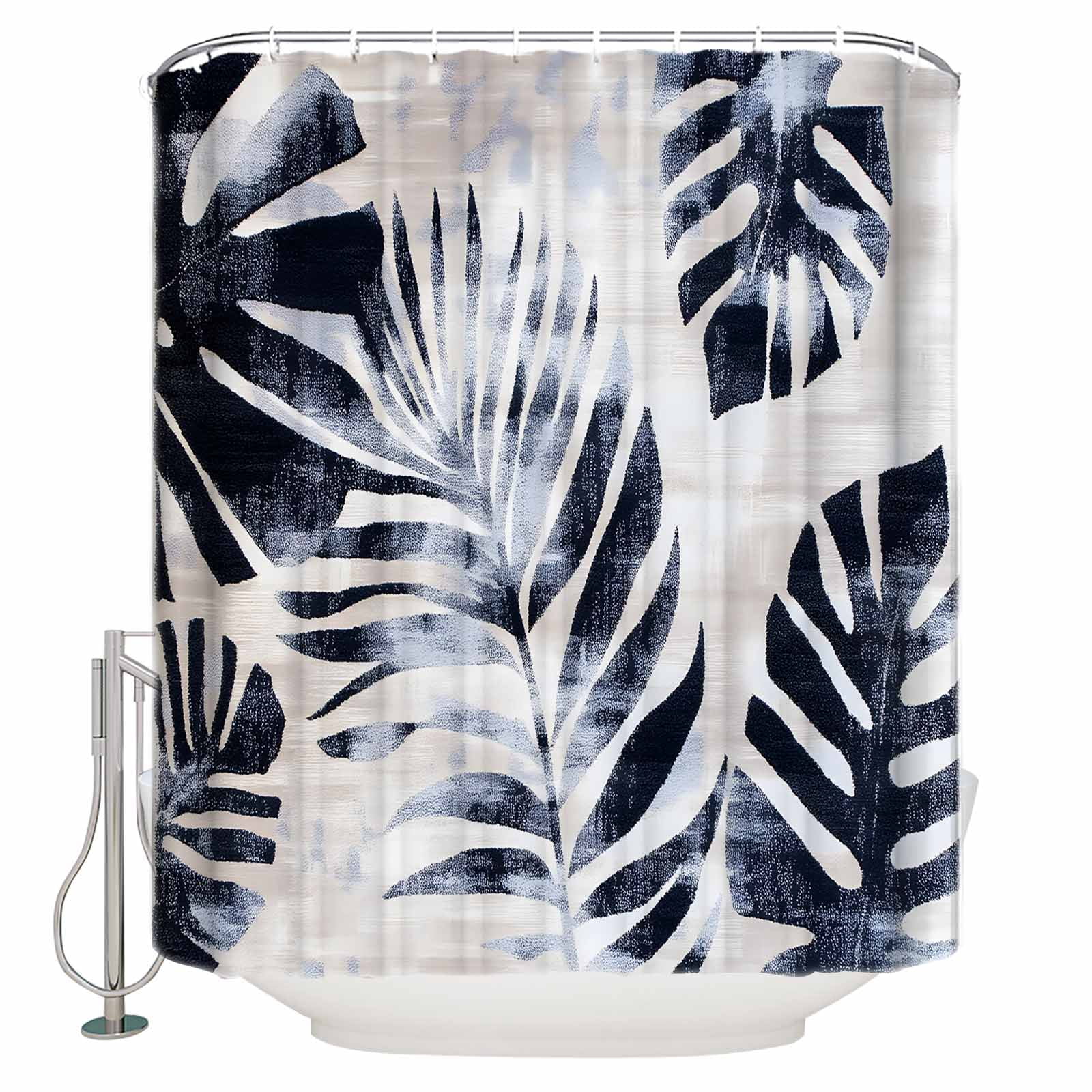 Navy Blue Palm Leaves Bathroom Shower Curtains with 12 Hooks Polyester ...