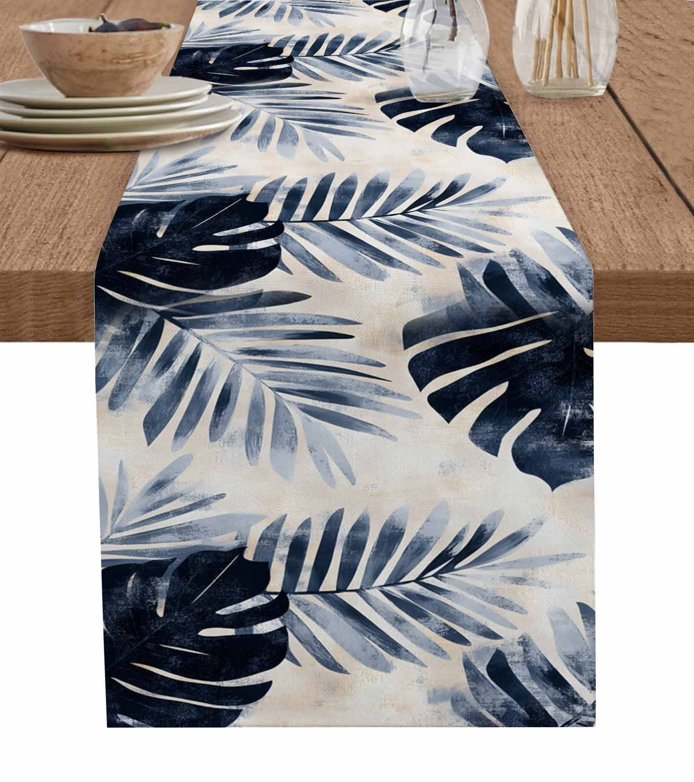 Navy Blue Palm Leaves Table Runner 72 Inches, Tropical Botanical Retro ...
