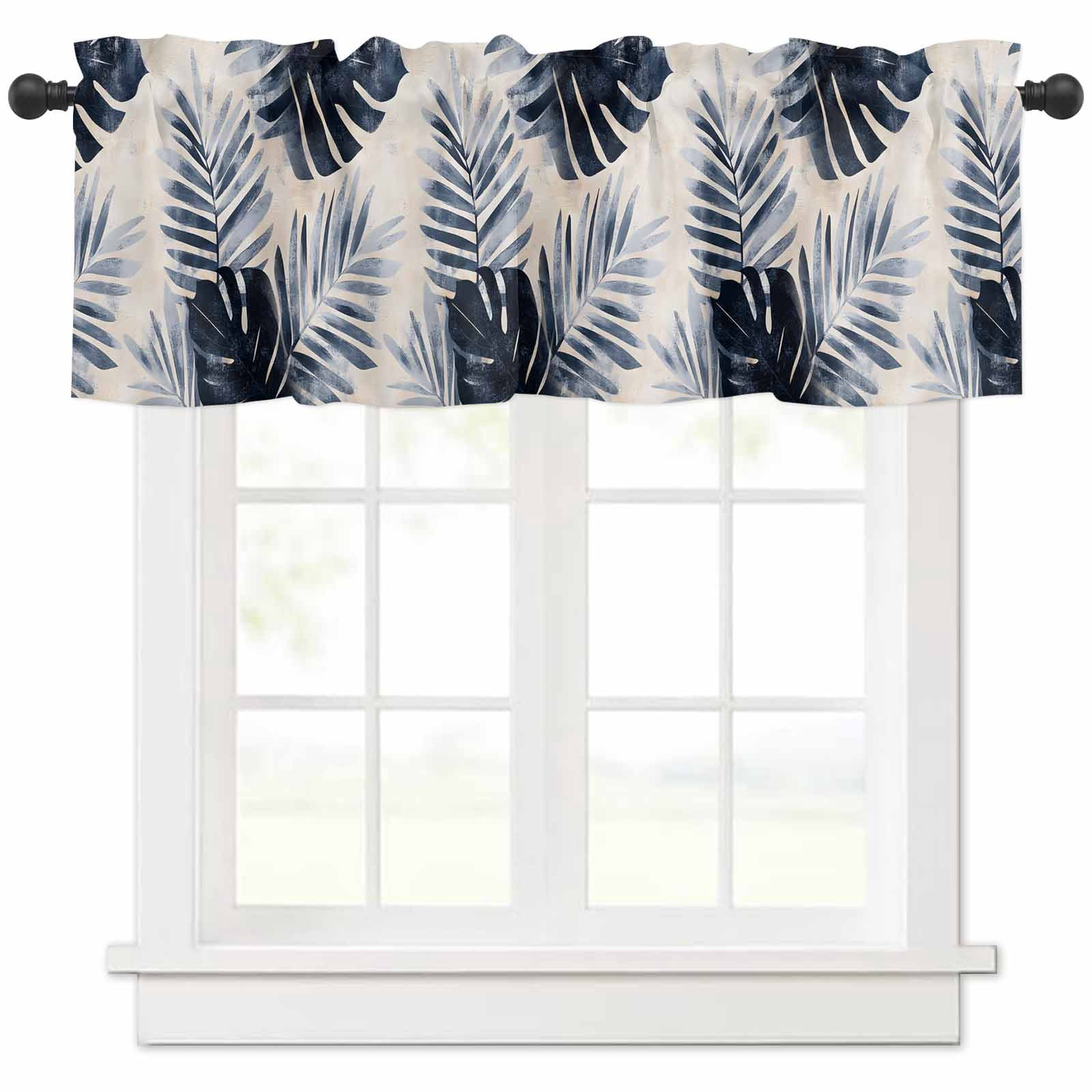 Navy Blue Palm Leaves Valances for Windows Farmhouse Kitchen Curtains ...