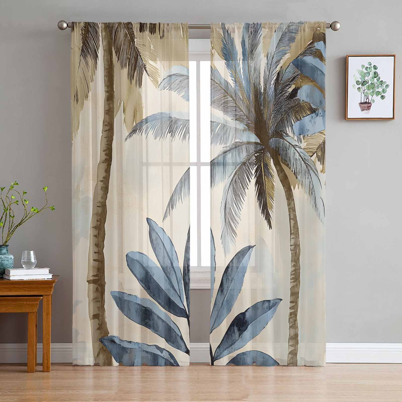 Navy Blue Palm Trees Semi Sheer Curtains 72 Inch Length 2 Panels Set ...