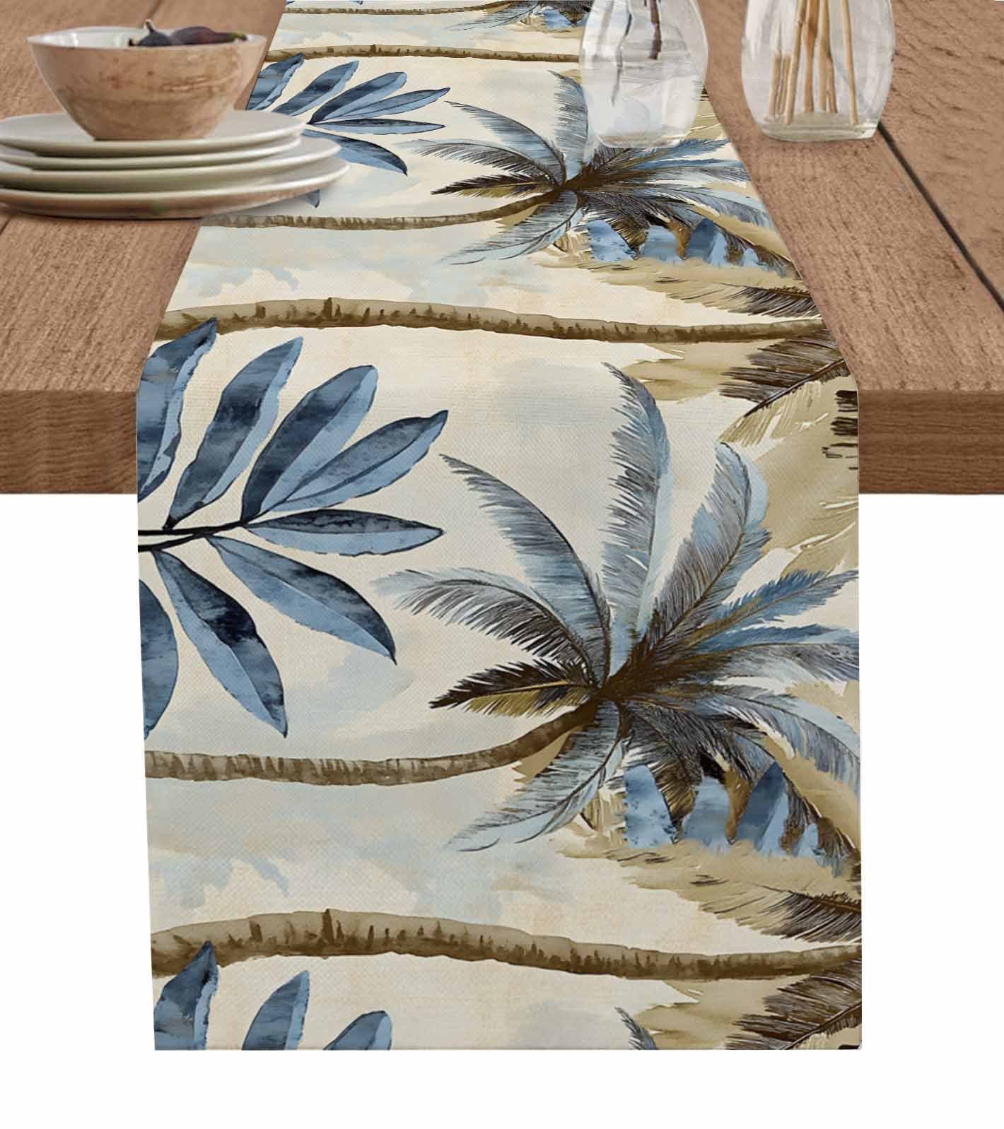 Navy Blue Palm Trees Table Runner Retro Summer Botanical Watercolor ...