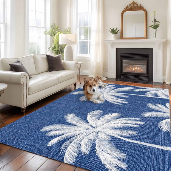 Navy Blue Palm Trees Washable Area Rug 6x9 Summer Beach Tropical ...