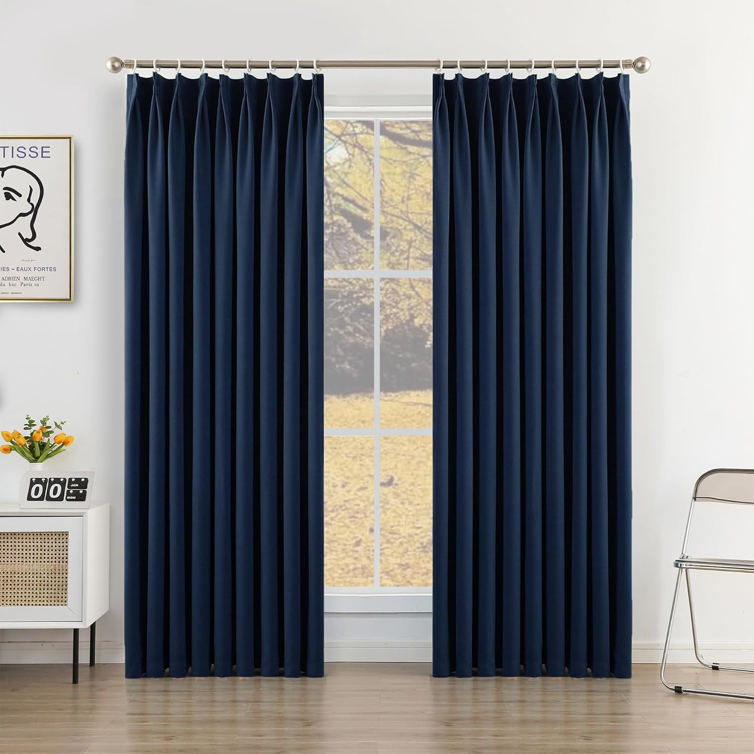 Navy Blue Pinch Pleat Curtain 84" W X 84" L Solid Thermal Insulated 95% ...