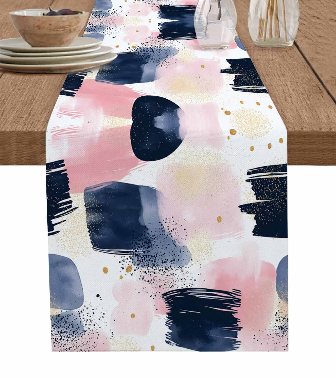 Navy Blue Pink Art Table Runner 72 Inches, Abstract Contemporary Luxury ...