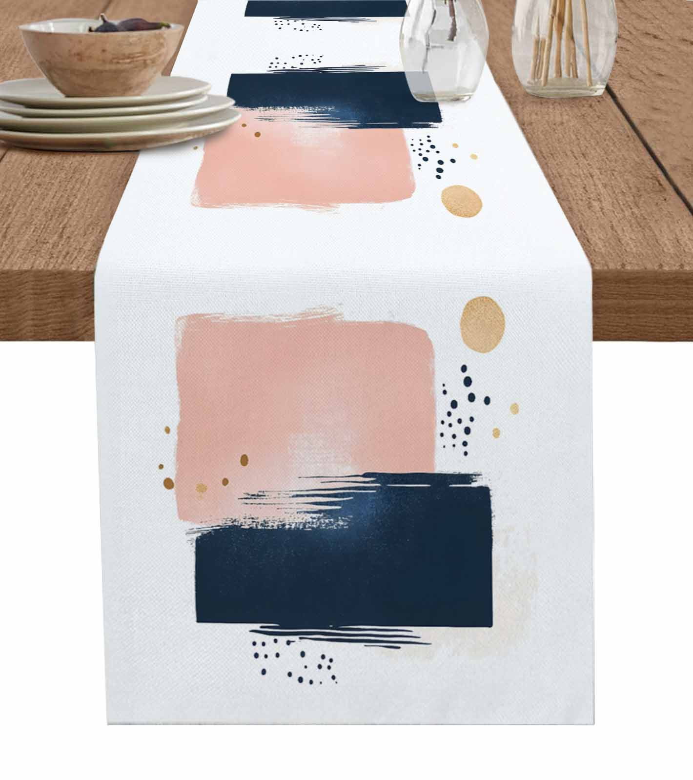 Navy Blue Pink Burlap Cotton Table Runner 13x36 Inches Short, Geometric ...