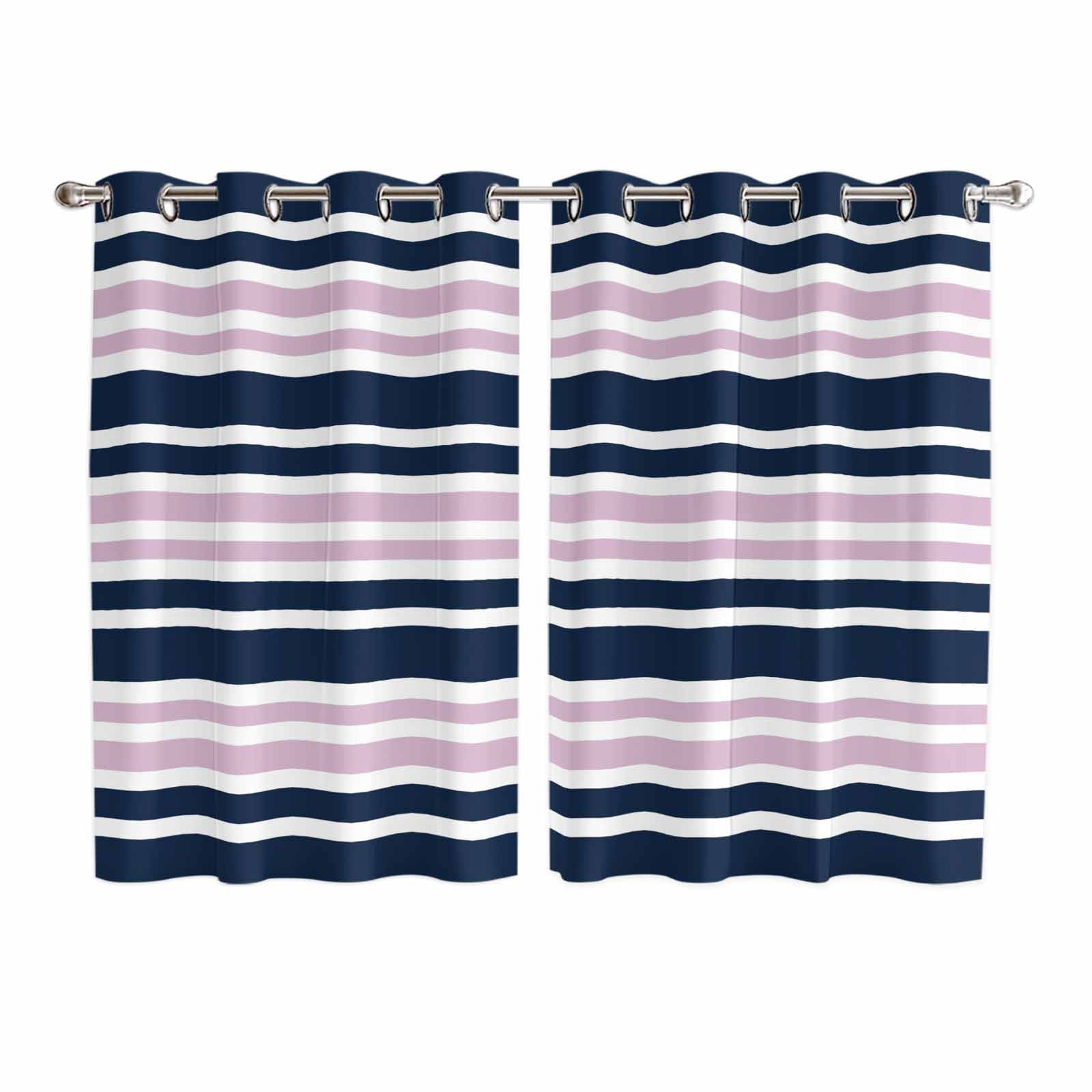 Navy Blue Pink Striped Kitchen Curtains 63 Inch Length, Gradient ...