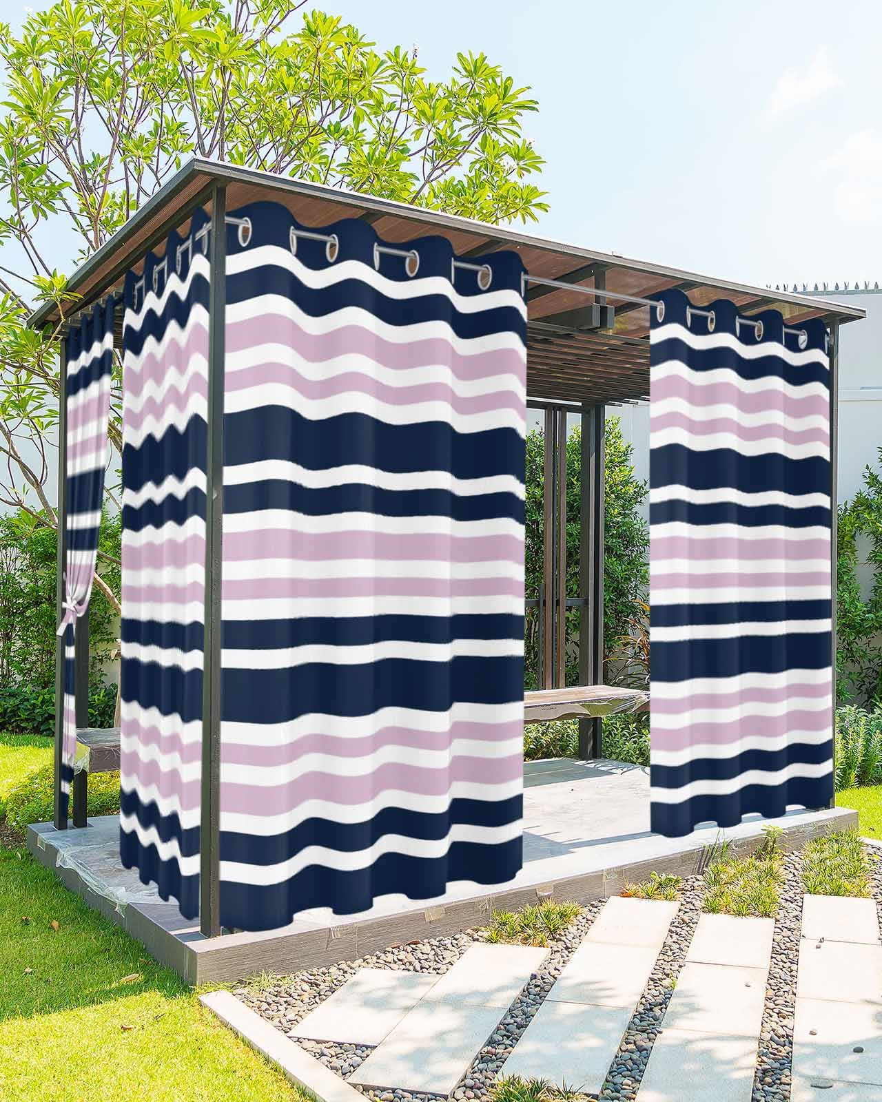 Navy Blue Pink Striped Outdoor Curtains for Patio, Gradient Horizontal ...