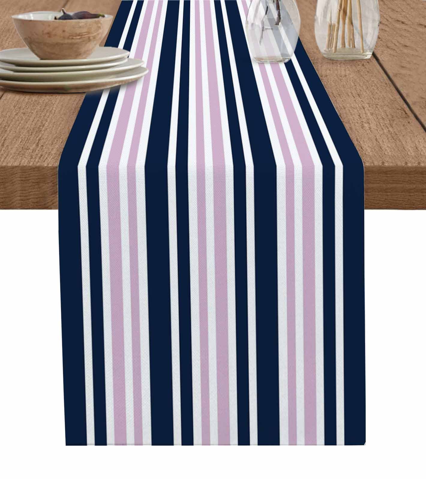 Navy Blue Pink Striped Short Table Runners 36 Inches, Cotton Linen ...