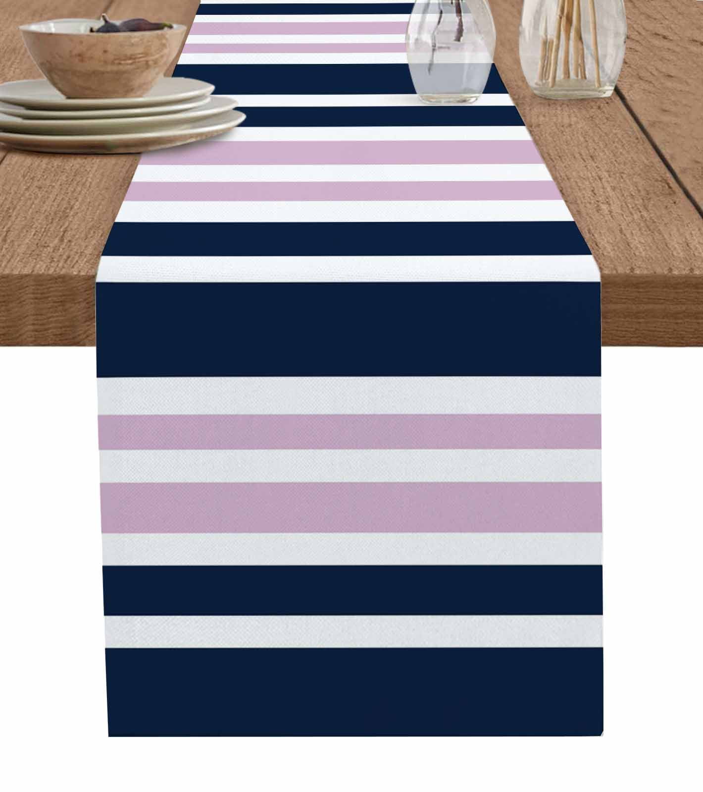 Navy Blue Pink Striped Short Table Runners 36 Inches, Cotton Linen ...