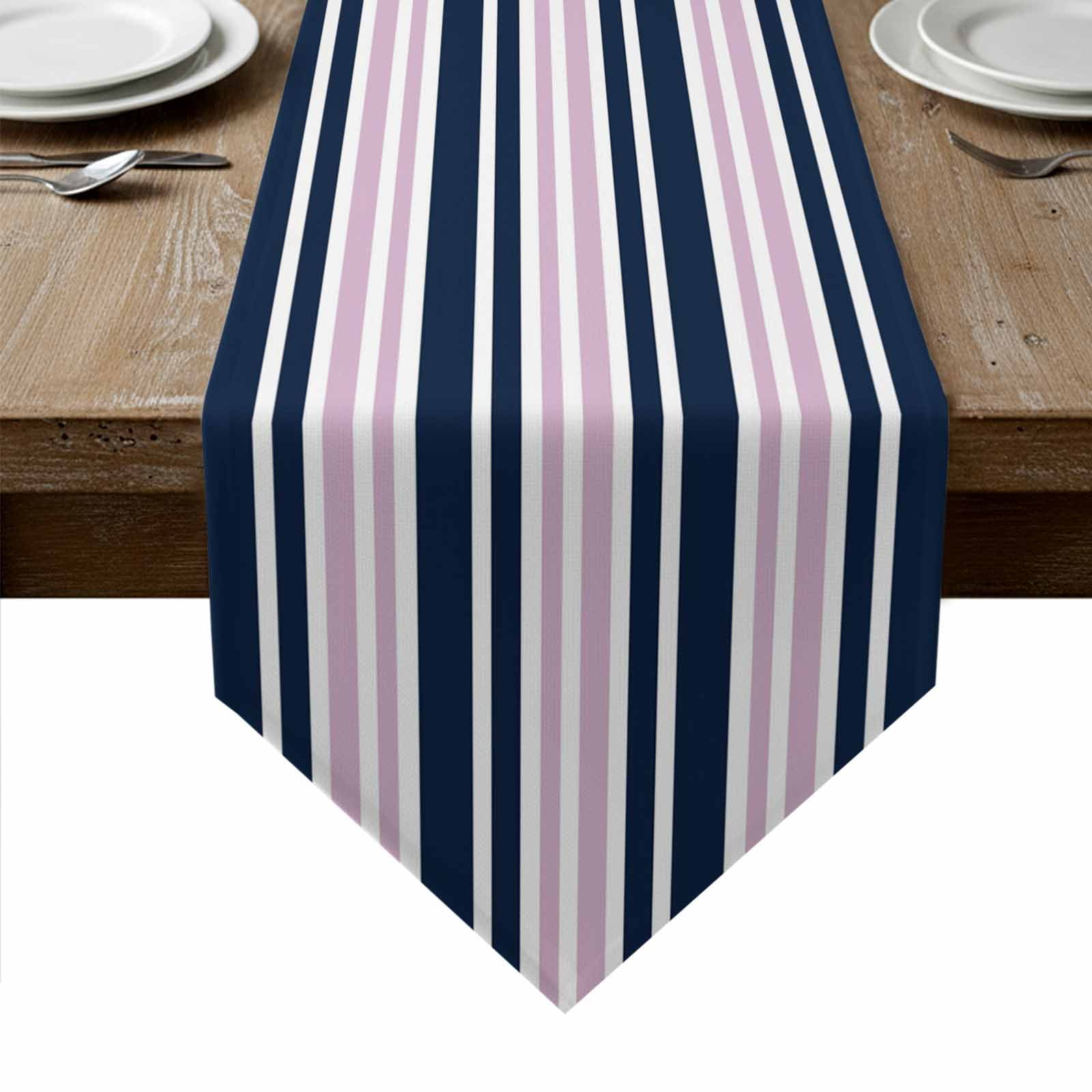 Navy Blue Pink Striped Table Runner Linen Burlap Table Runner 72 Inches ...