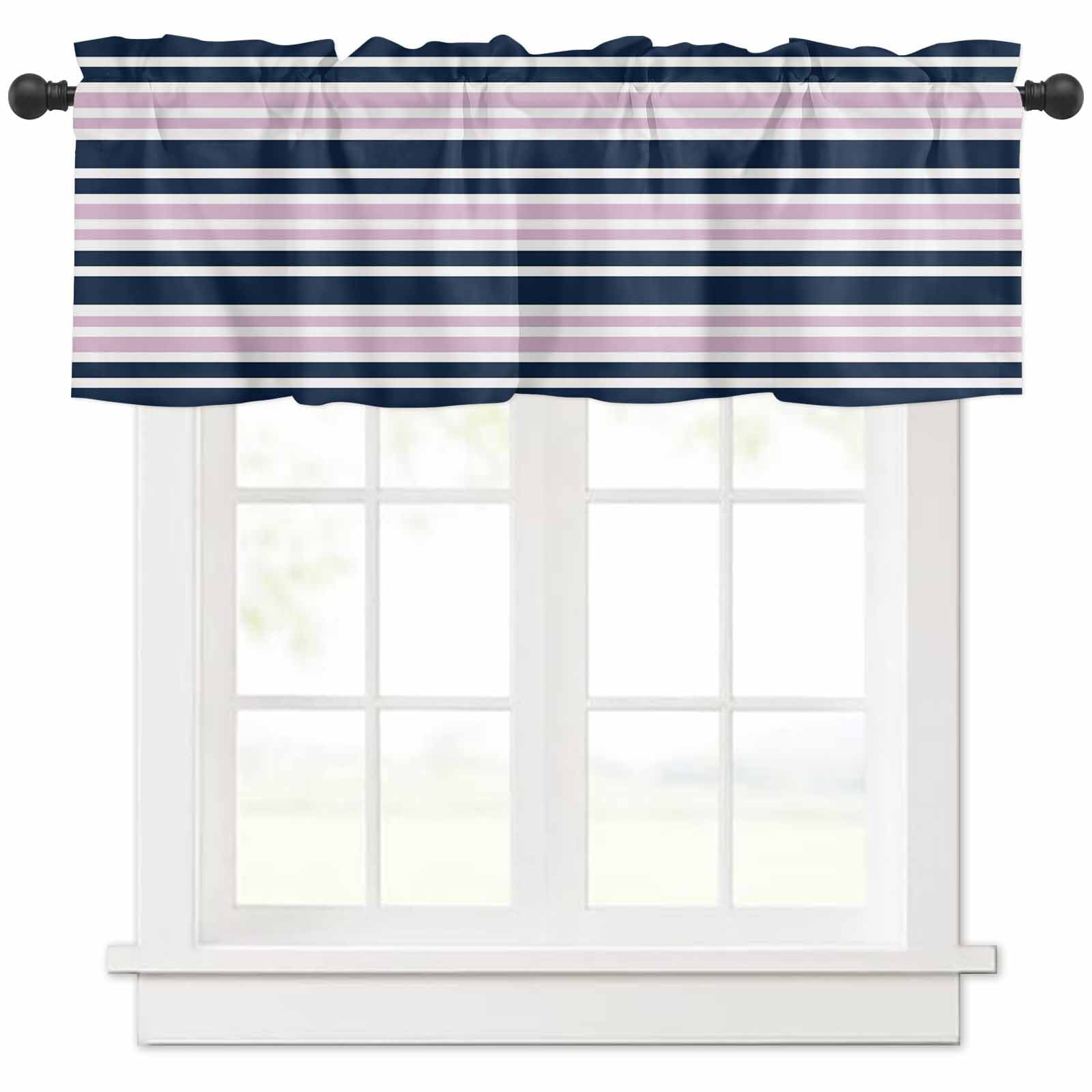 Navy Blue Pink Striped Valances for Windows Farmhouse Kitchen Curtains ...