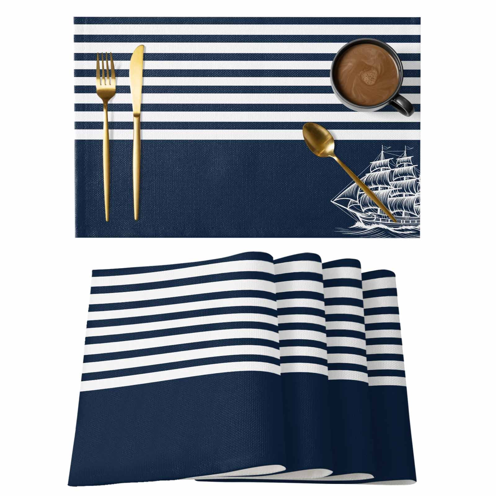 Navy Blue Placemats Set of 12, Nautical Coastal Sea Abstract Art ...