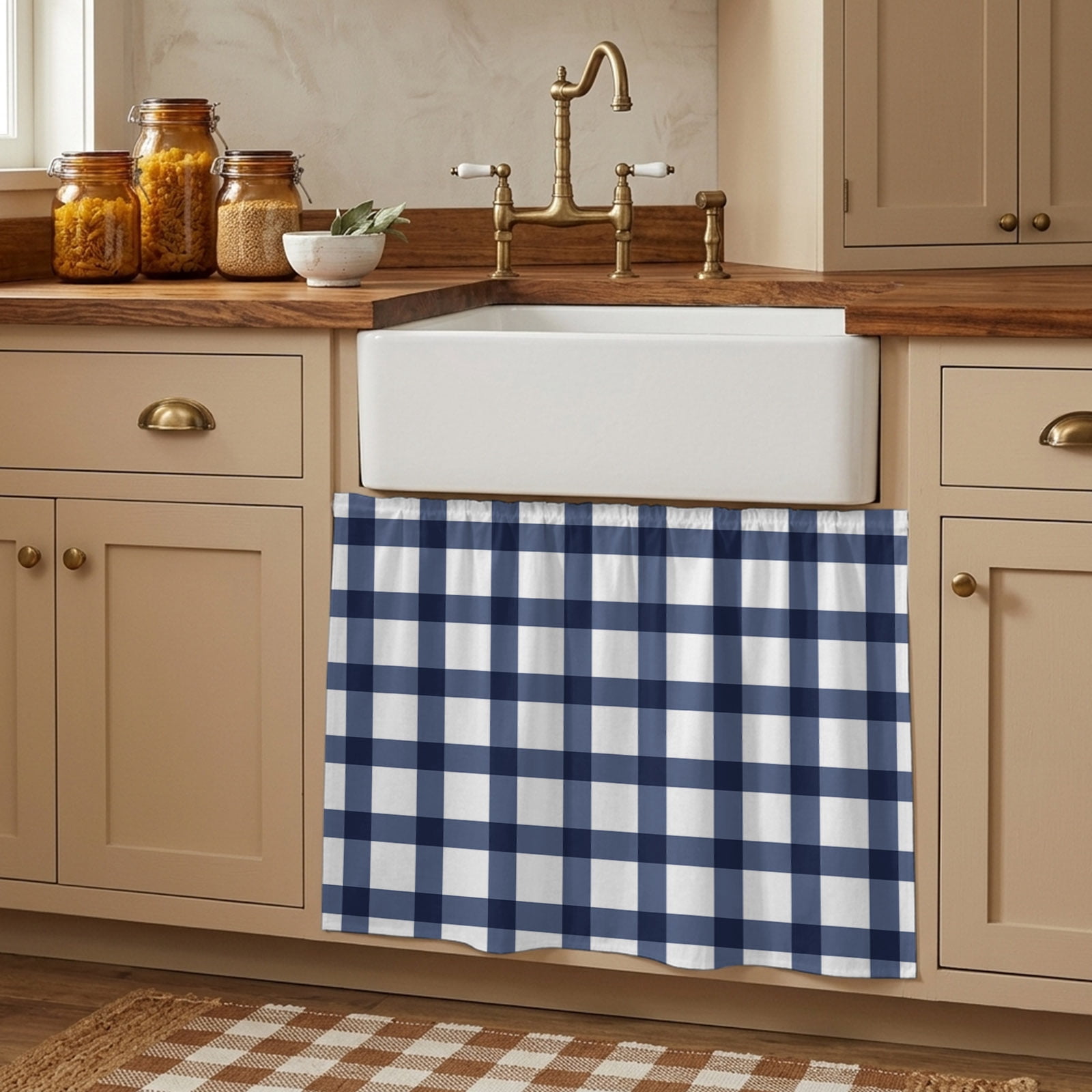 Navy Blue Plaid Check, Cabinet Curtains 27.6"W x 35.4"L, Geometrical ...