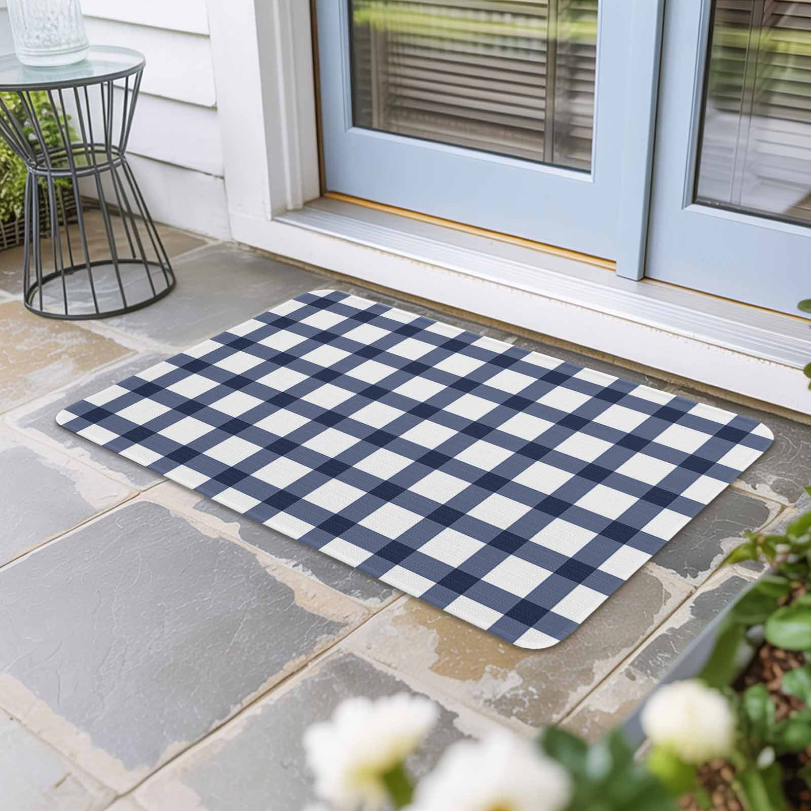 Navy Blue Plaid Check, Door Mat Indoor Outdoor, Geometrical Abstract ...