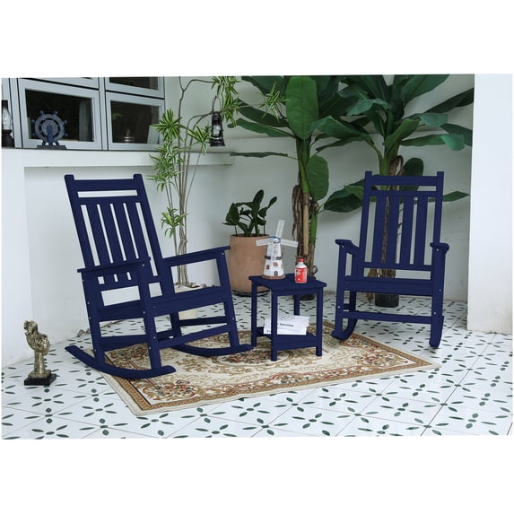 Navy Blue Plastic Rocking Chair Set with Side Table, All-Weather Patio ...